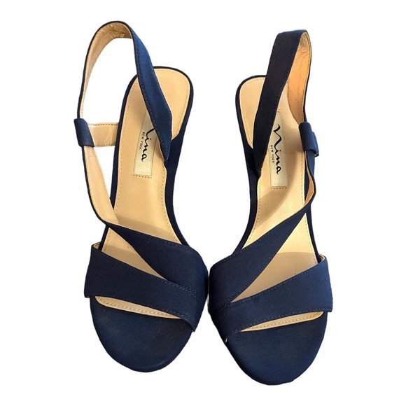 Nina | Shoes | Nina Robina Platform Dress Sandals Navy Satin Cloth Side ...